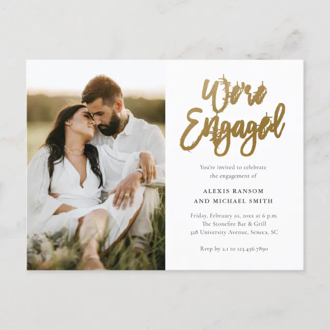 Modern Script We're Engaged Photo Engagement Party Invitation Postcard ...
