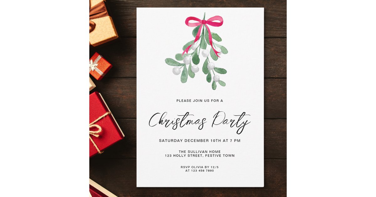 Modern Script Winter Mistletoe Christmas Party Invitation | Zazzle