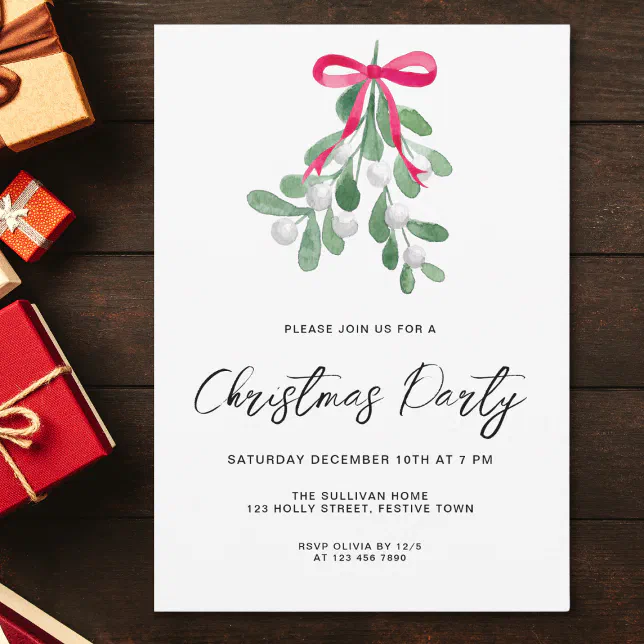 Modern Script Winter Mistletoe Christmas Party Invitation | Zazzle
