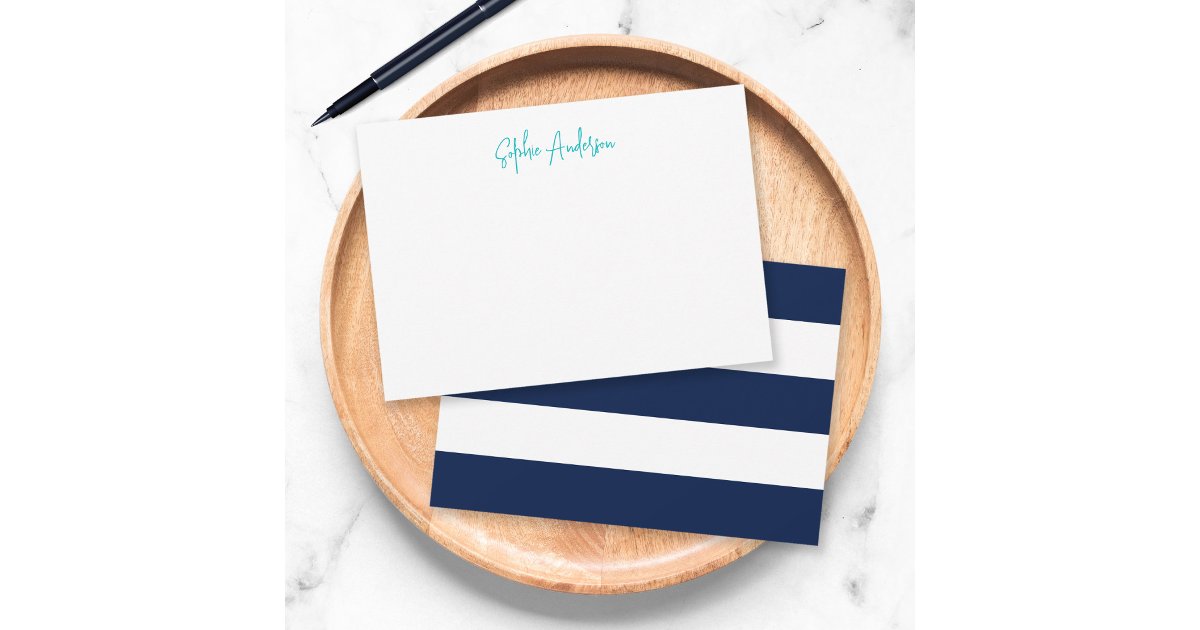 Modern Script with White Stripes and Custom Color Note Card | Zazzle