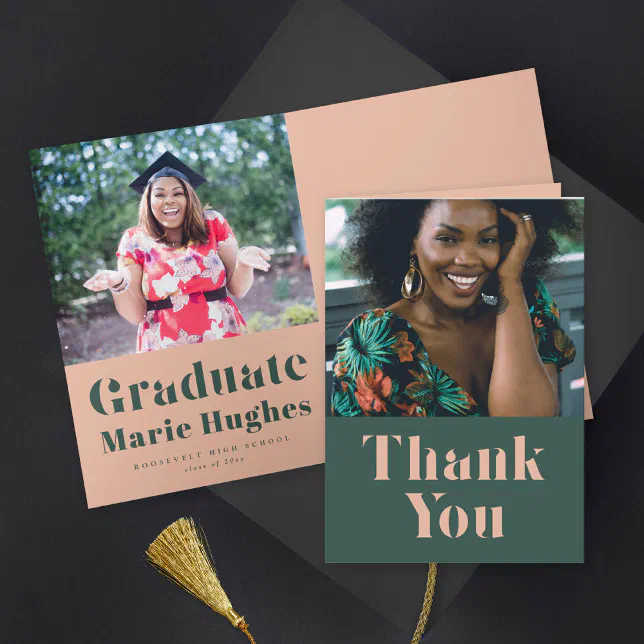 Modern Serif Blush and Green Graduation Thank You Card | Zazzle