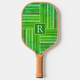 Modern Shades of Green Stripes Monogram Pickleball Pickleball Paddle ...