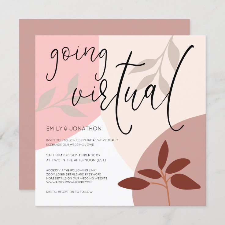 Modern Shapes Leaves Script Going Virtual Wedding Invitation | Zazzle