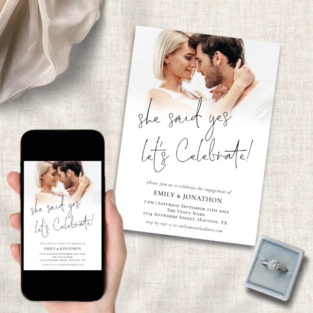 Modern She Said Yes Photo Overlay Engagement Party Invitation | Zazzle