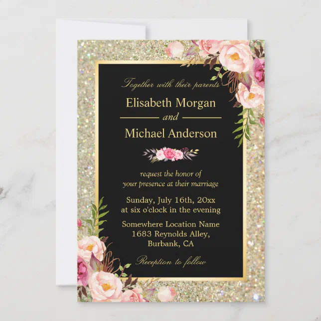 Modern Shiny Gold Sparkles Floral Wedding Invitation | Zazzle