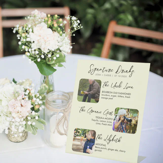Modern Signature Drinks Three Photo Wedding Pedestal Sign | Zazzle