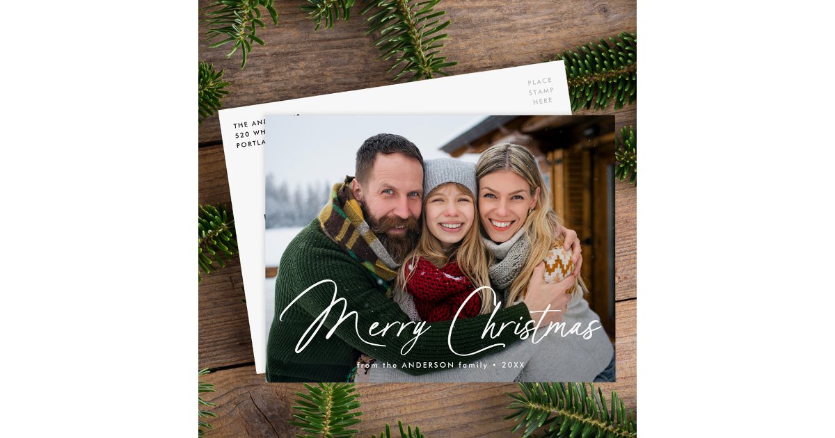 Modern Signature Script Merry Christmas Photo Holiday Postcard | Zazzle
