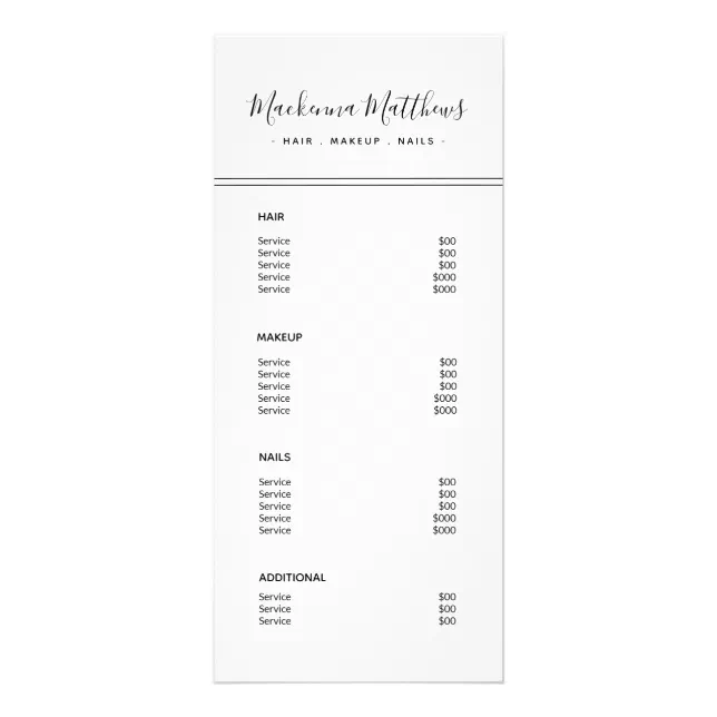 Modern Signature Script White Salon Service Menu | Zazzle