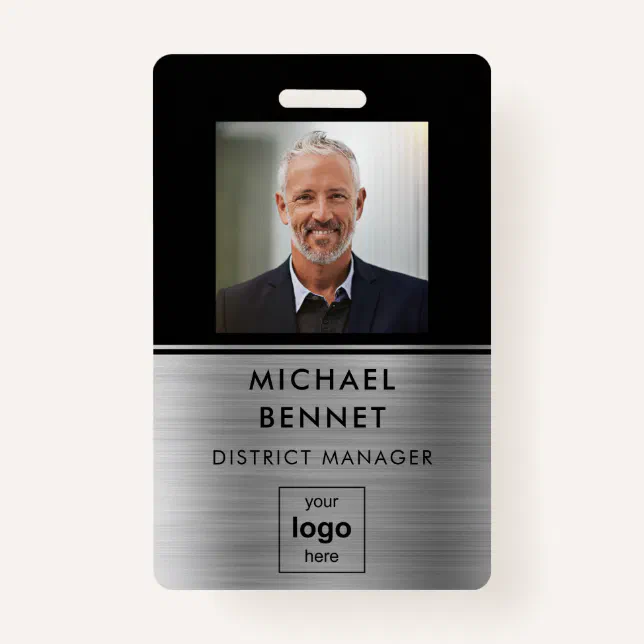 Modern Silver Black Employee Photo ID Badge | Zazzle