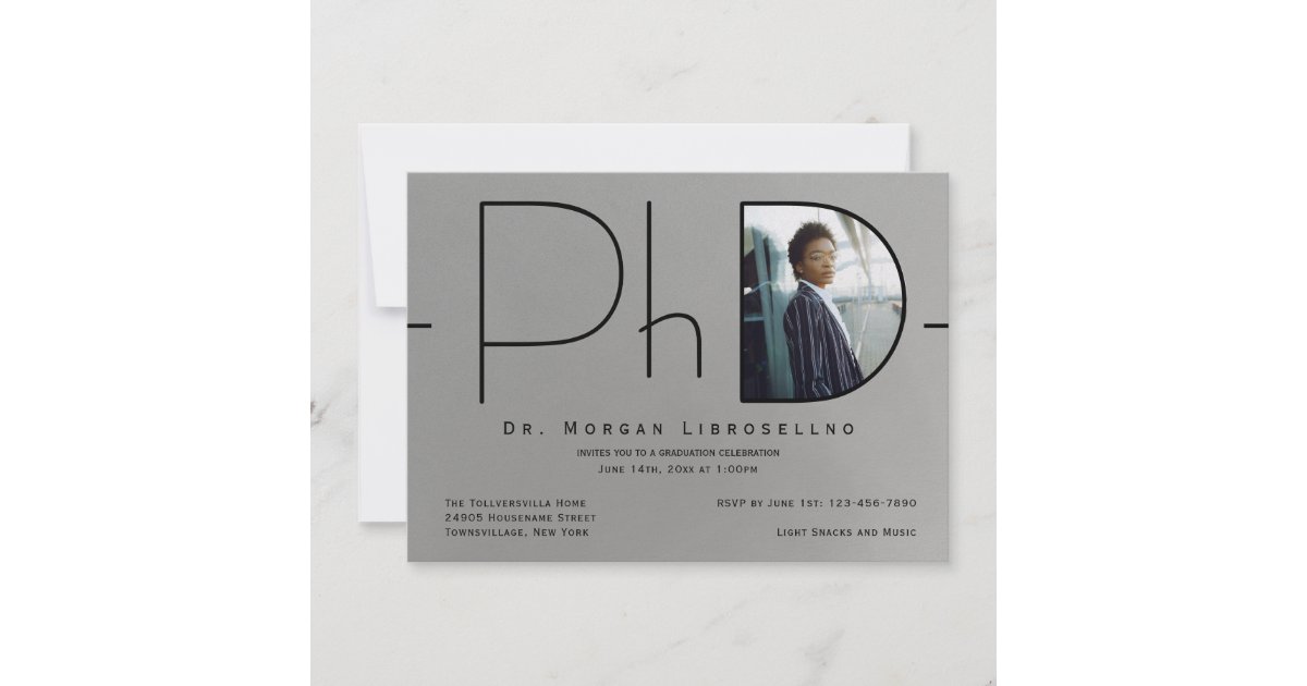 Modern Silver Black Photo PhD Graduation Invitation | Zazzle