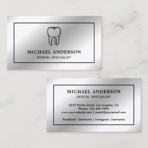 Modern Silver Foil Tooth Dental Clinic Dentist Business Card | Zazzle