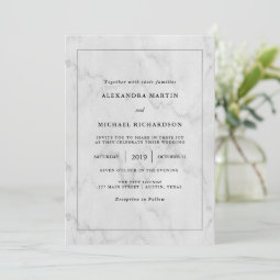 Modern Silver Frame and Marble Look Wedding Invitation | Zazzle