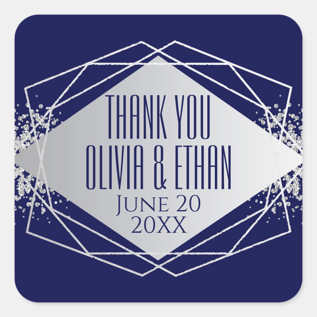 Modern Silver Geometric on Navy Square Sticker | Zazzle