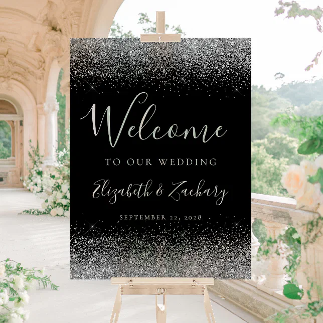 Modern Silver Glitter Black Wedding Welcome Acrylic Sign | Zazzle