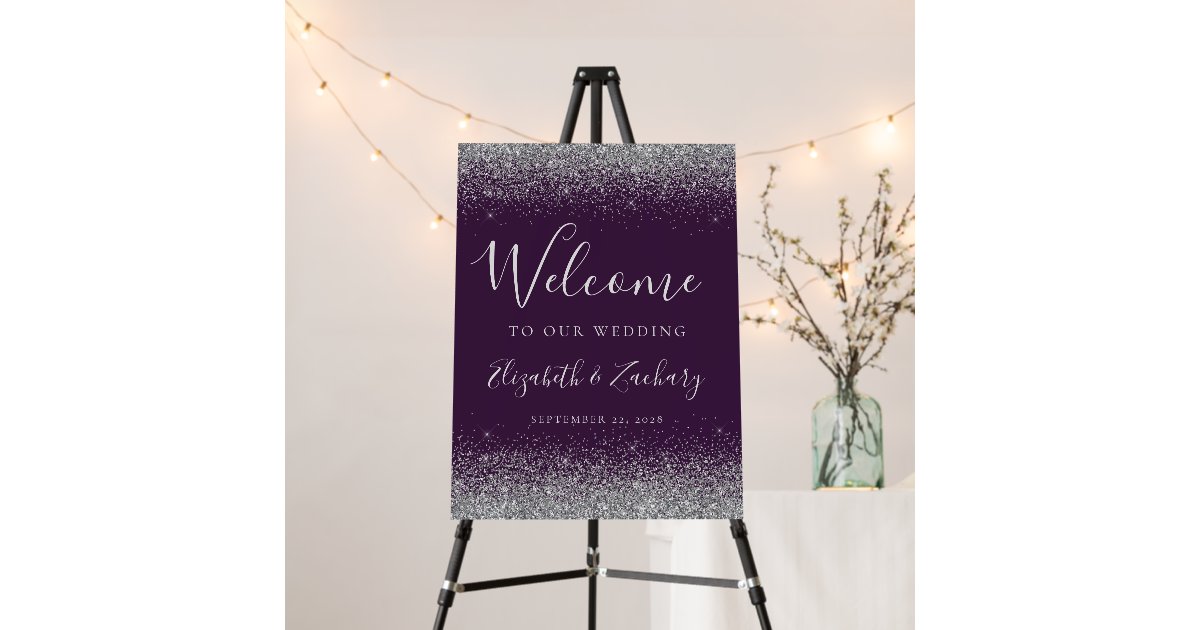 Modern Silver Glitter Dark Purple Wedding Welcome Foam Board | Zazzle