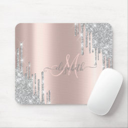Modern Silver Glitter Drips Rose Gold Monogram Mouse Pad | Zazzle