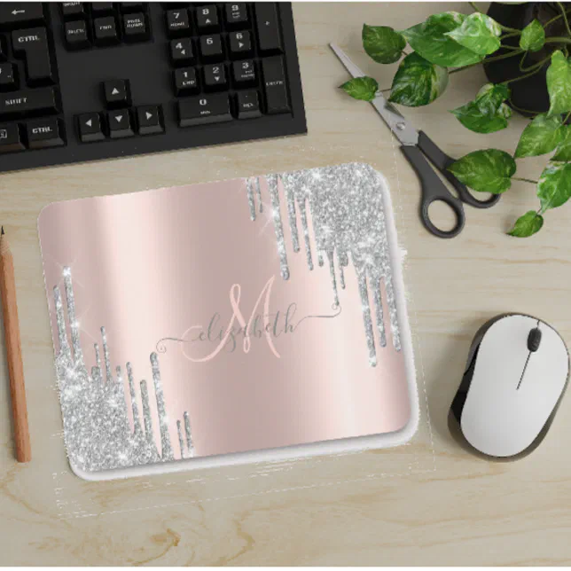 Modern Silver Glitter Drips Rose Gold Monogram Mouse Pad | Zazzle