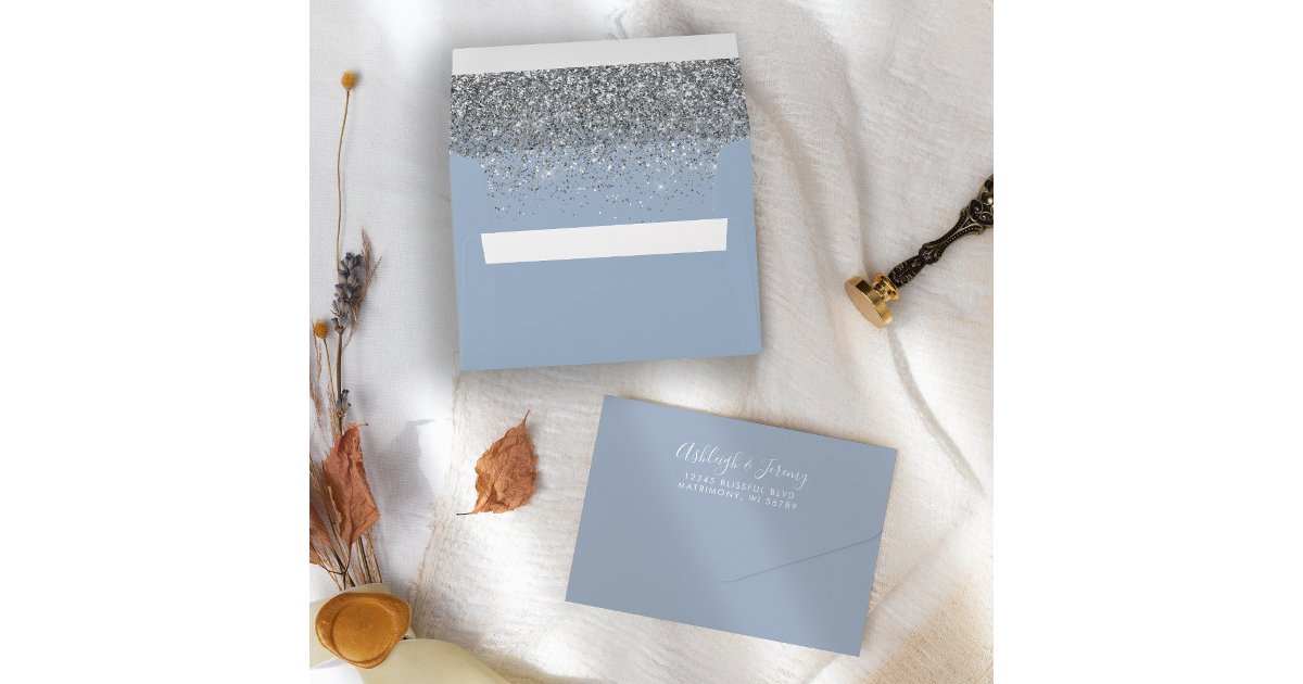 Modern Silver Glitter Dusty Blue Wedding Envelope | Zazzle