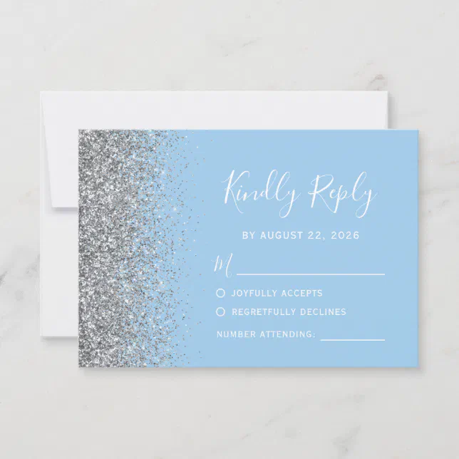 Modern Silver Glitter Edge Pastel Baby Blue RSVP Card | Zazzle