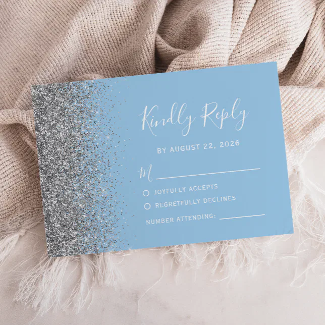 Modern Silver Glitter Edge Pastel Baby Blue RSVP Card | Zazzle