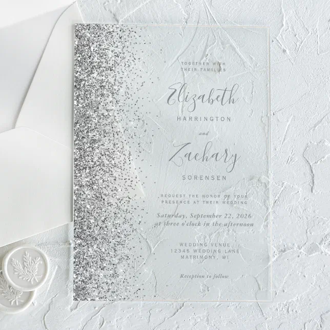 Modern Silver Glitter Edge Wedding Acrylic Invitations | Zazzle