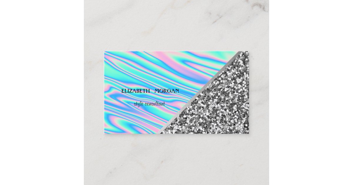 Modern Silver Glitter, Geometric, Holographic Business Card | Zazzle