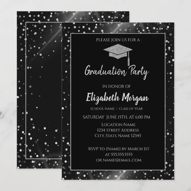 Modern Silver Glitter Graduation Cap,Polka Dots Invitation | Zazzle