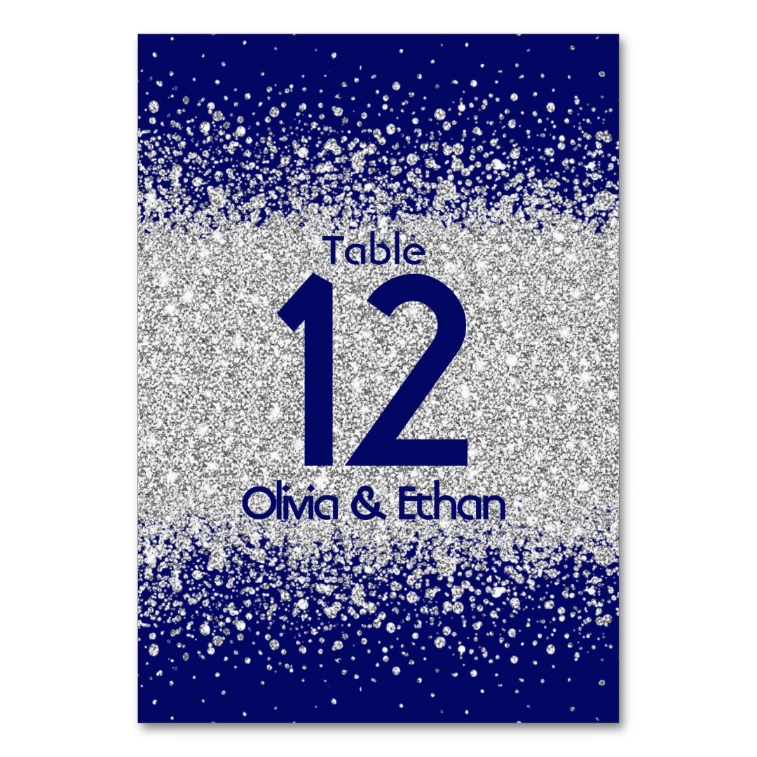 Modern Silver Glitter on Royal Blue Table Number | Zazzle