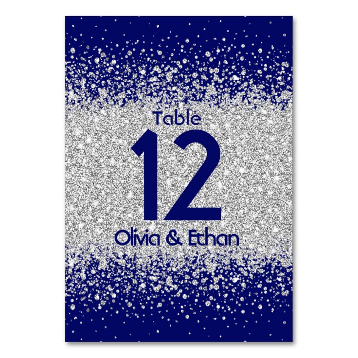 Modern Silver Glitter on Royal Blue Table Number | Zazzle