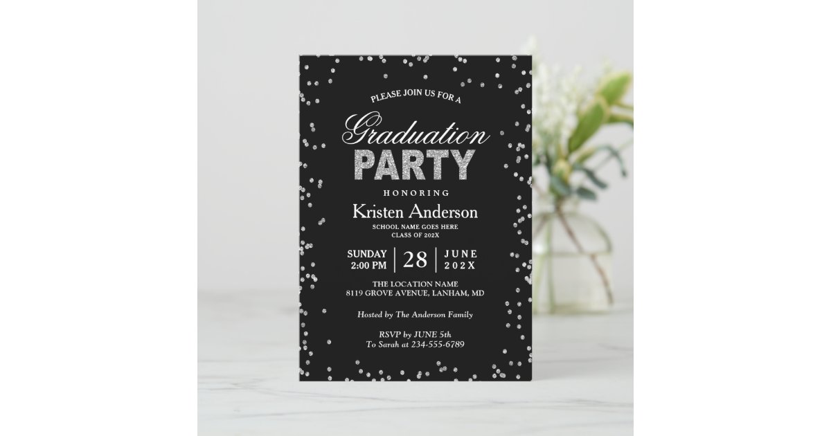 Modern Silver Glitter Sparkles Graduation Party Invitation | Zazzle