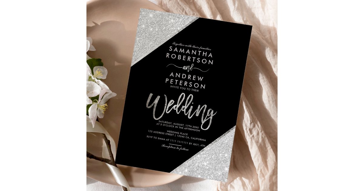 Modern silver glitter typography black wedding invitation | Zazzle