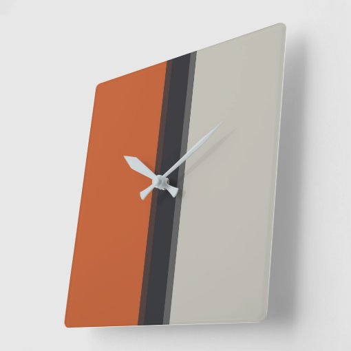 Modern Silver Gray Navy Orange Red Stripe Pattern Square Wall Clock