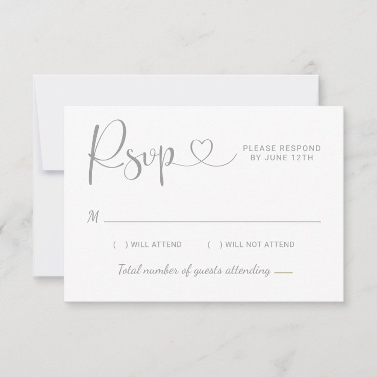 Modern Silver Heart Calligraphy Script Wedding RSVP Card | Zazzle