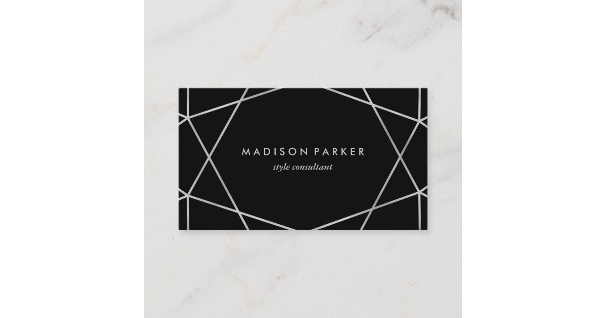 Modern Silver Look Geometric on Black Business Card | Zazzle