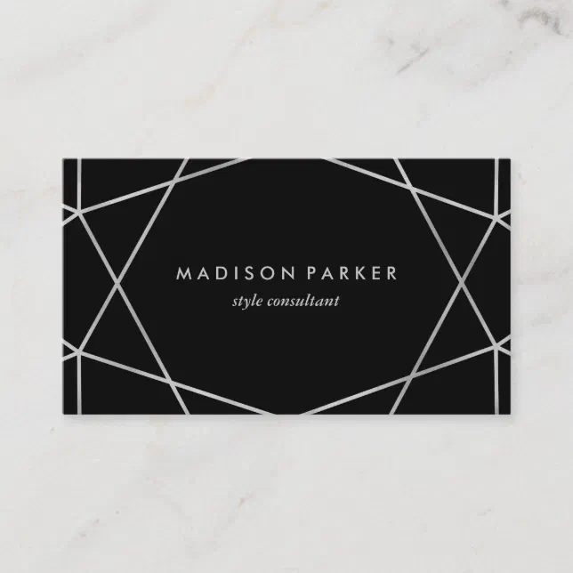 Modern Silver Look Geometric on Black Business Card | Zazzle
