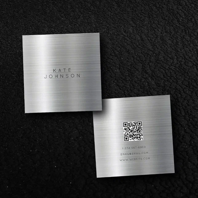 Modern Silver Metal Minimalist Simple QR Code Square Business Card | Zazzle