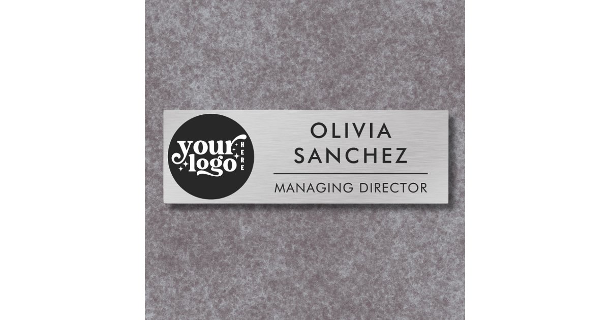 Modern Silver Metallic Business Logo Name Tag | Zazzle