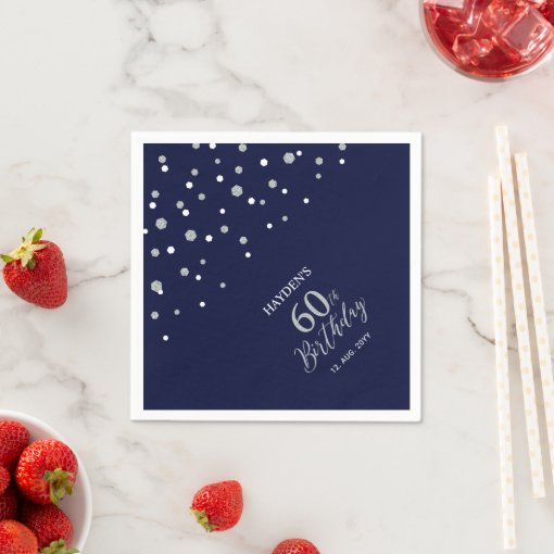 Modern Silver & Navy Blue 60th Birthday Party Napkins | Zazzle