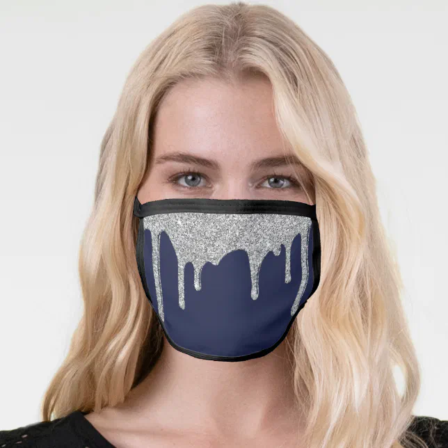 Modern Silver Navy Blue Glitter Drips Sparkle Face Mask | Zazzle