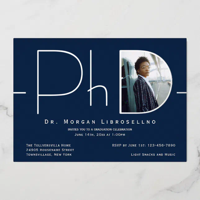 Modern Silver Photo PhD Graduation Foil Invitation | Zazzle