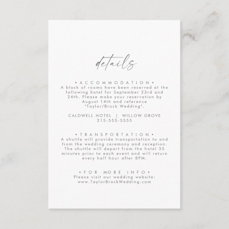 Modern Silver Script Wedding Details Enclosure Card | Zazzle