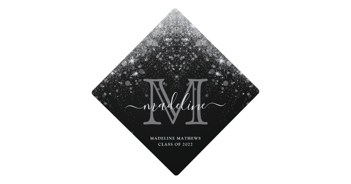 Modern Silver Sparkle Glitter Monogram Script Graduation Cap Topper ...