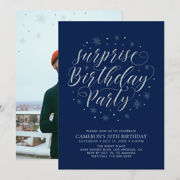 Modern Silver Surprise Photo Adult Birthday Party Invitation | Zazzle