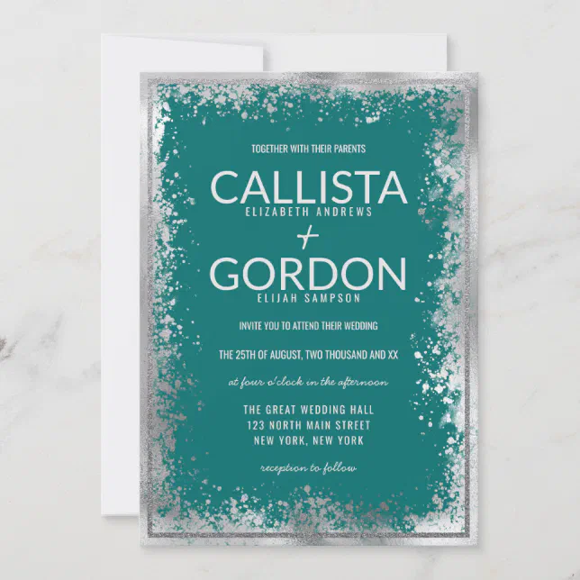 Modern Silver Teal Splatter Glitter Border Wedding Invitation | Zazzle