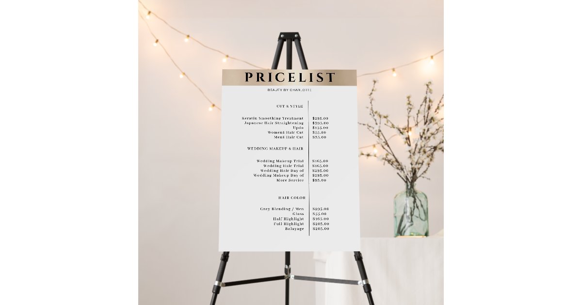 Modern Simpel Gold Salon Price List Foam Board | Zazzle