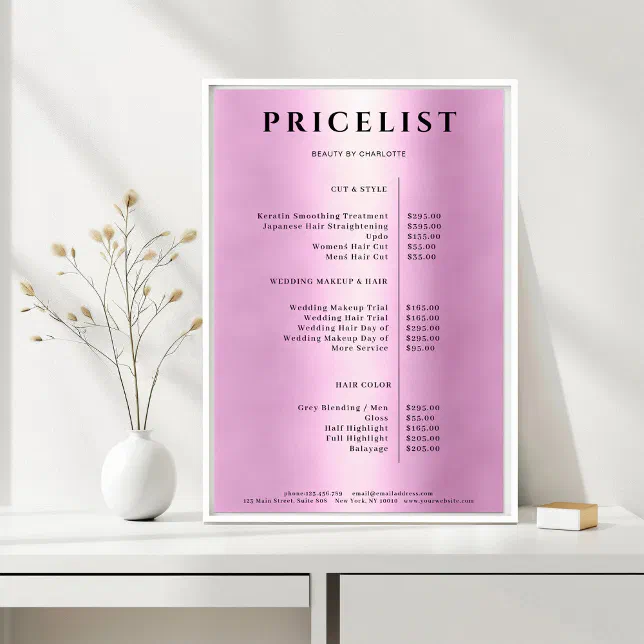 Modern Simpel Pink Salon Price List Poster | Zazzle