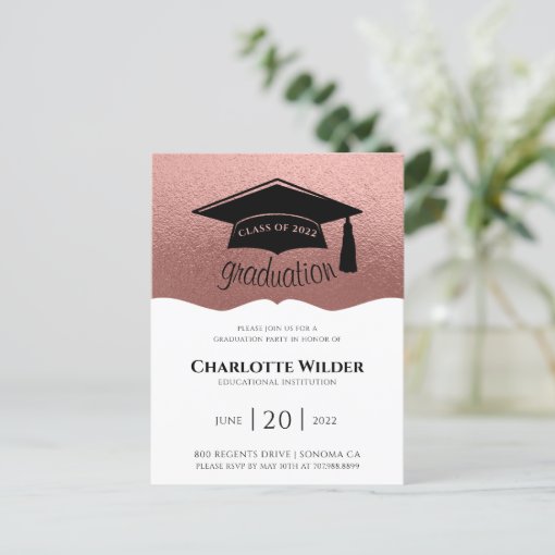 Modern Simple 2022 Rose Gold Graduation Party Invitation Postcard | Zazzle
