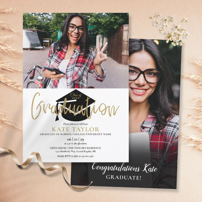 Modern Simple 2 Photo Gold Script Graduation Party Invitation | Zazzle