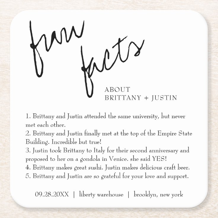 Modern Simple Black and White Fun Facts Wedding Square Paper Coaster ...