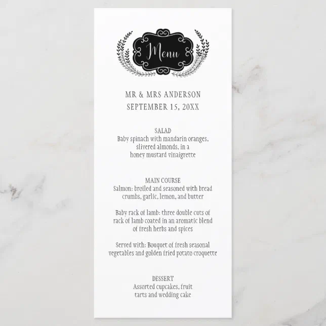 Modern Simple Black and White Menu Cards | Zazzle